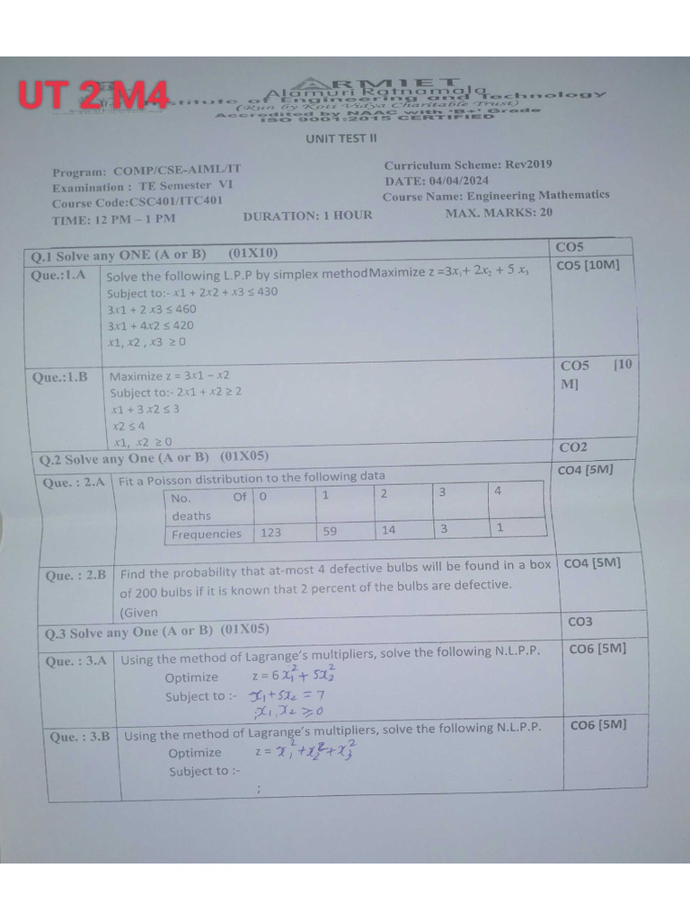 Sem 4 Ut 2 Question Papers (DBMS, AOA, M4) | PDF