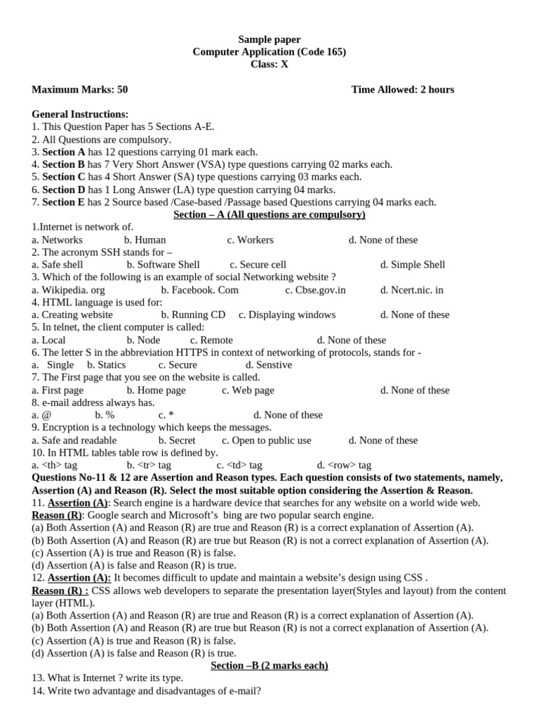 Sample Paper-2 (Computer Application) | PDF | World Wide Web | Internet ...