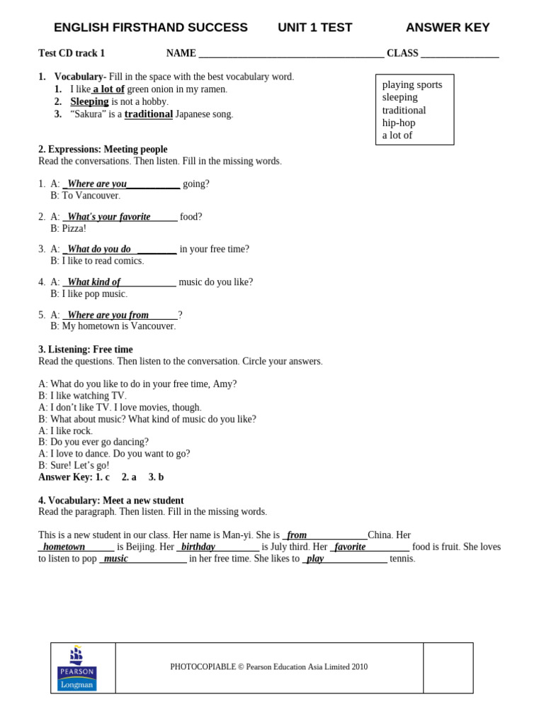English Firsthand Unit 1 Test Answer Key | PDF