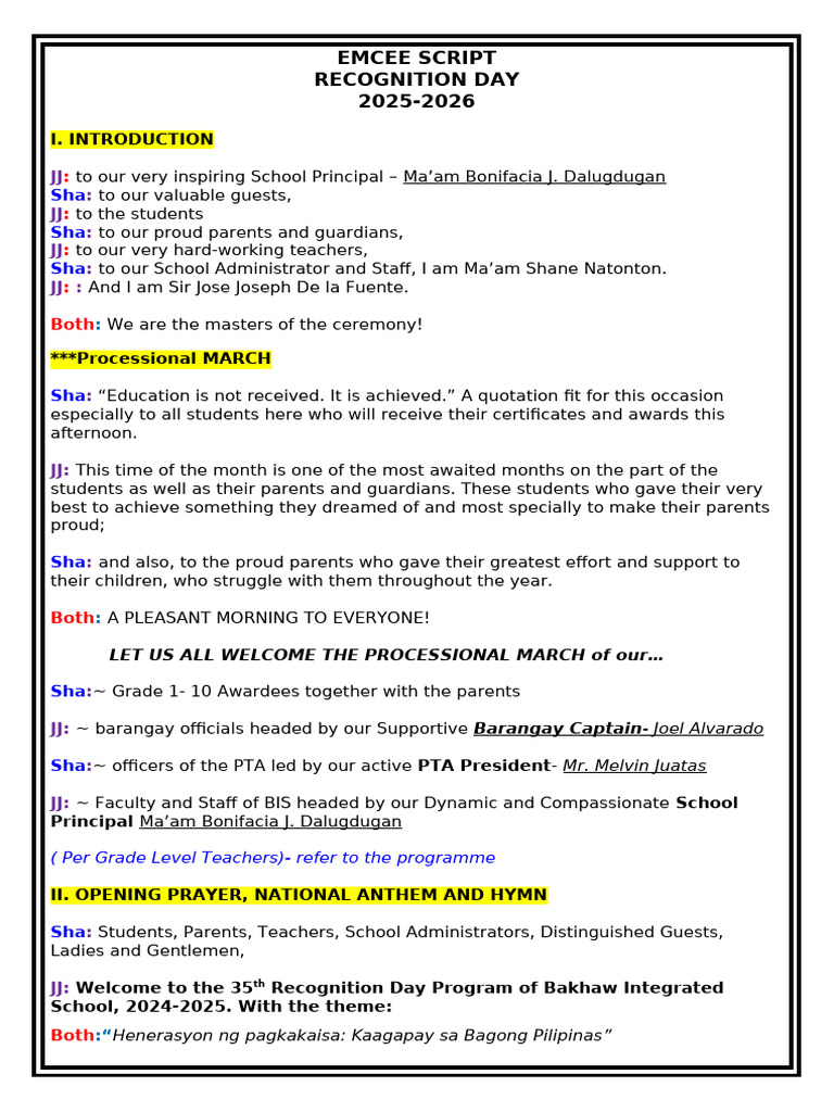 2023 2024 Recognition Day Emcee Script 1 | PDF
