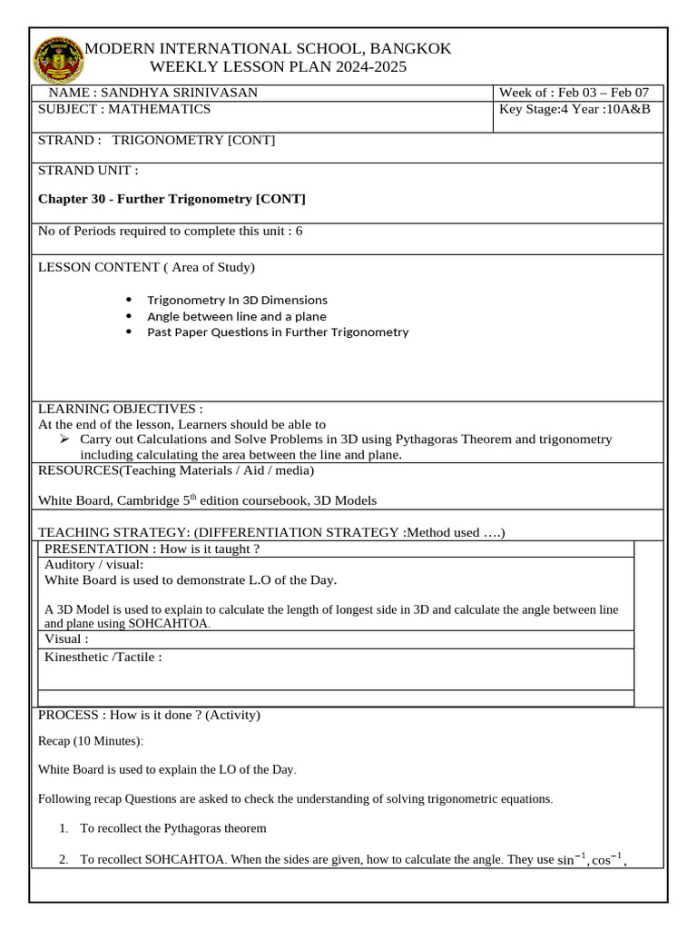 Trigonometry Lesson Plan for Year 10 | PDF | Trigonometry | Learning