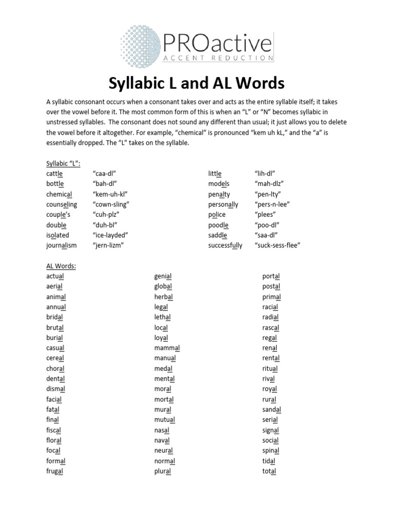 Syllabic L and AL Word Patterns | PDF | Consonant | Syllable