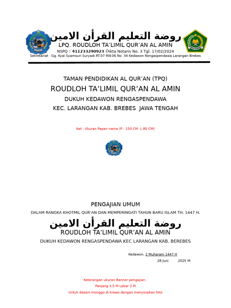 Form Papan Dan Banner Nama TPQ | PDF