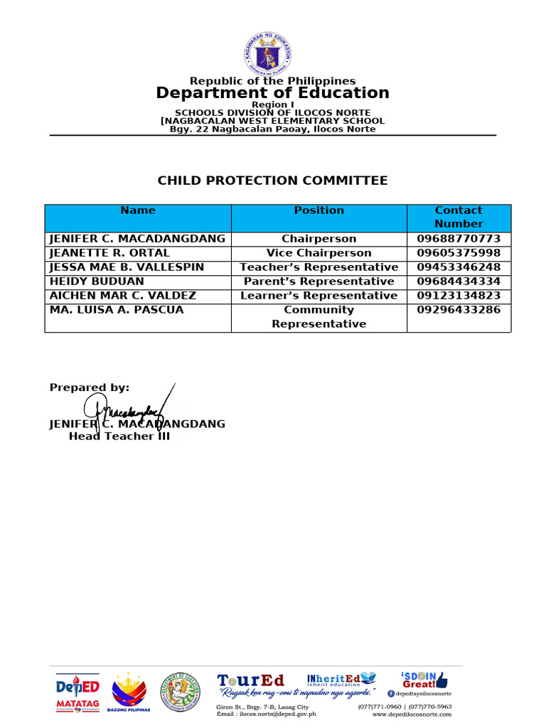 Nagbacalan Elementary School Committees | PDF