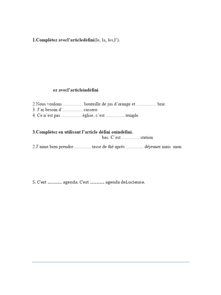 Exercices sur les articles définis et indéfinis | PDF