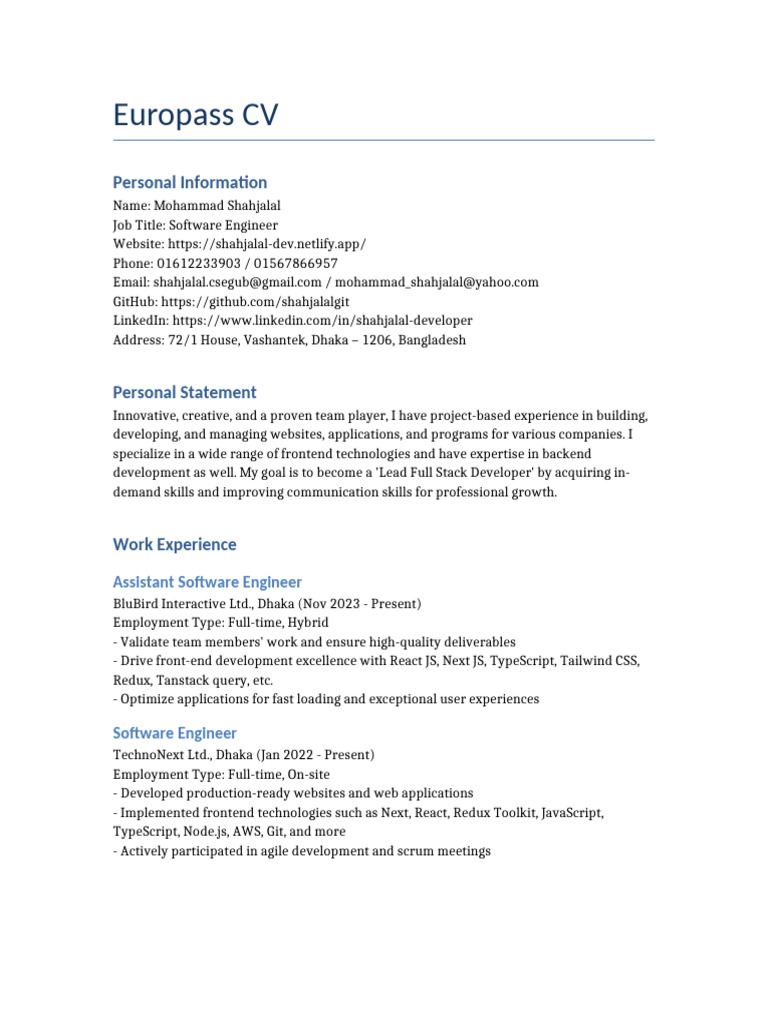 Europass CV Mohammad Shahjalal | PDF | Java Script | Web Development