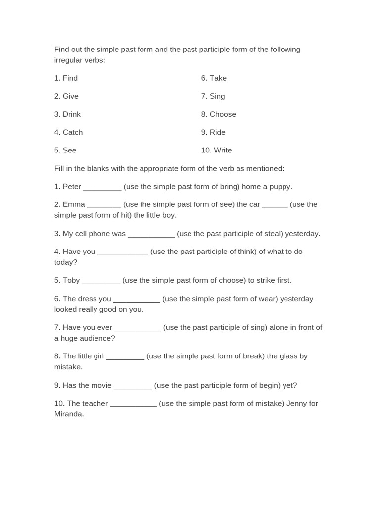 Find Out The Simple Past Form and The Past Participle Form of The ...