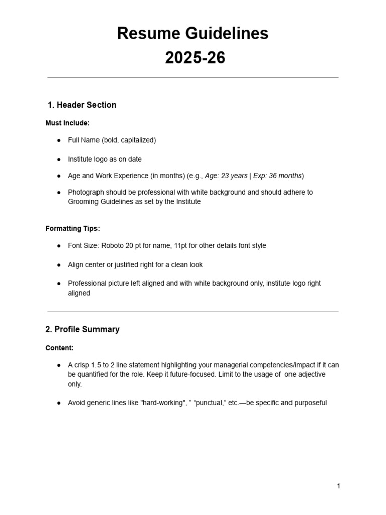 Resume Guidelines 2025-26 | PDF