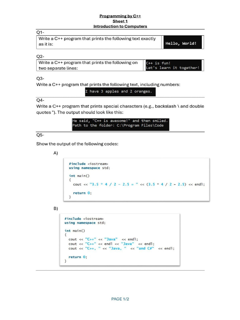 C++ Sheet1 (Solutions) | PDF