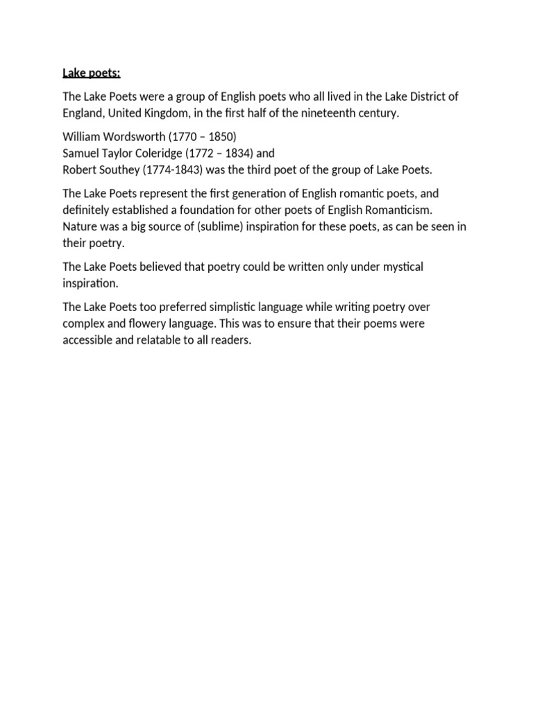 Lake Poets 3 Marks | PDF