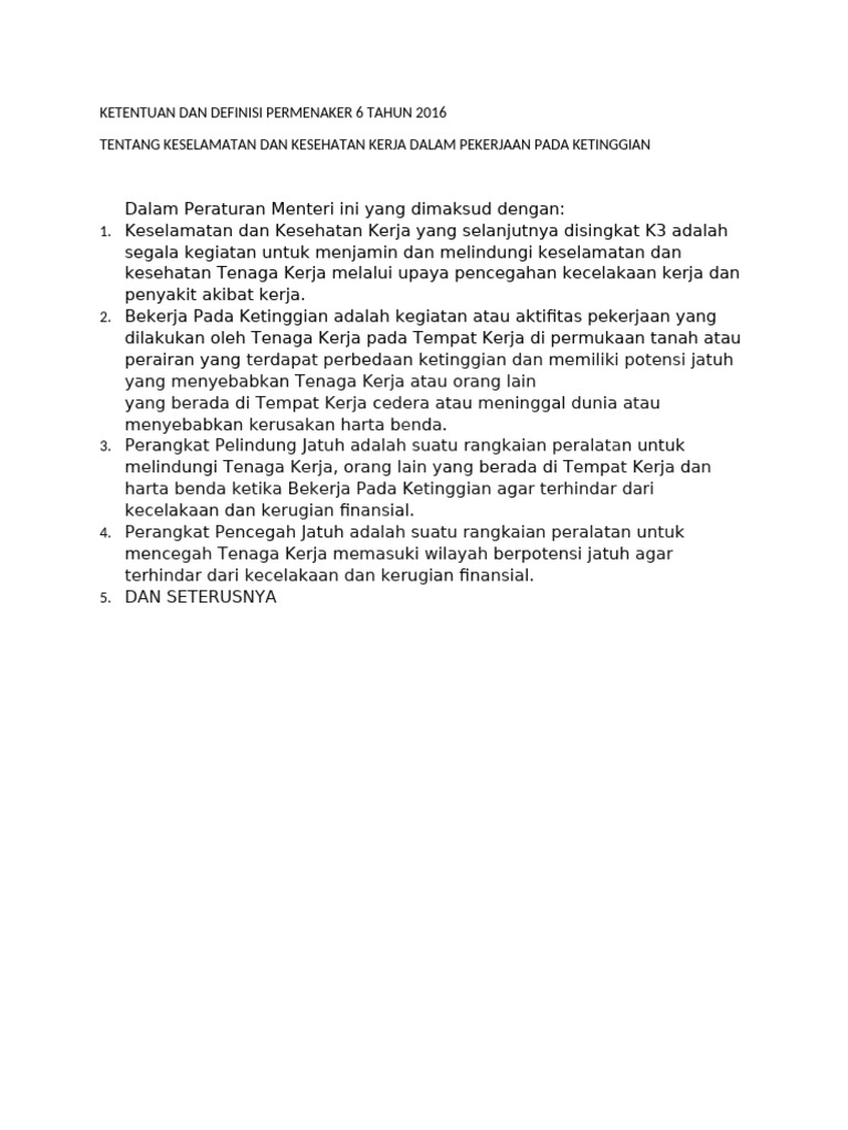 Ketentuan Dan Definisi Permenaker 6 Tahun 2016 | PDF
