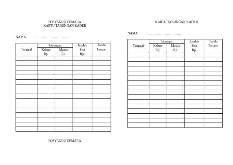 Kartu Tabungan Kader | PDF