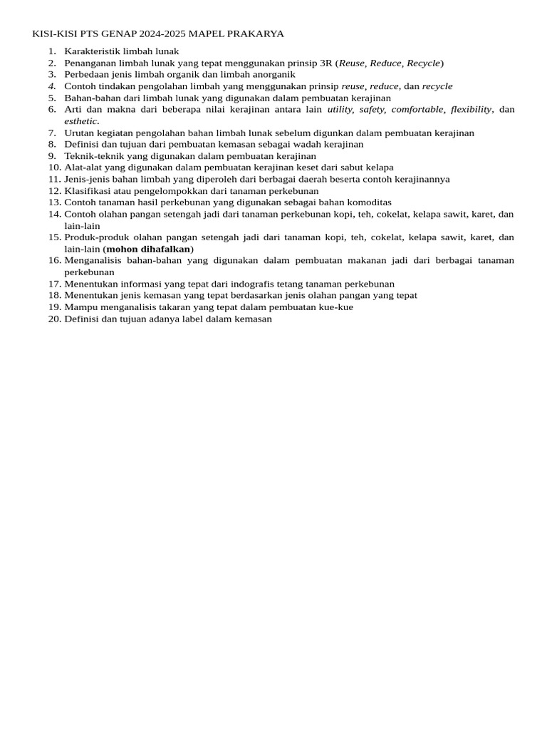 Kisi-Kisi Siswa Prakarya Genap Kelas 8 | PDF