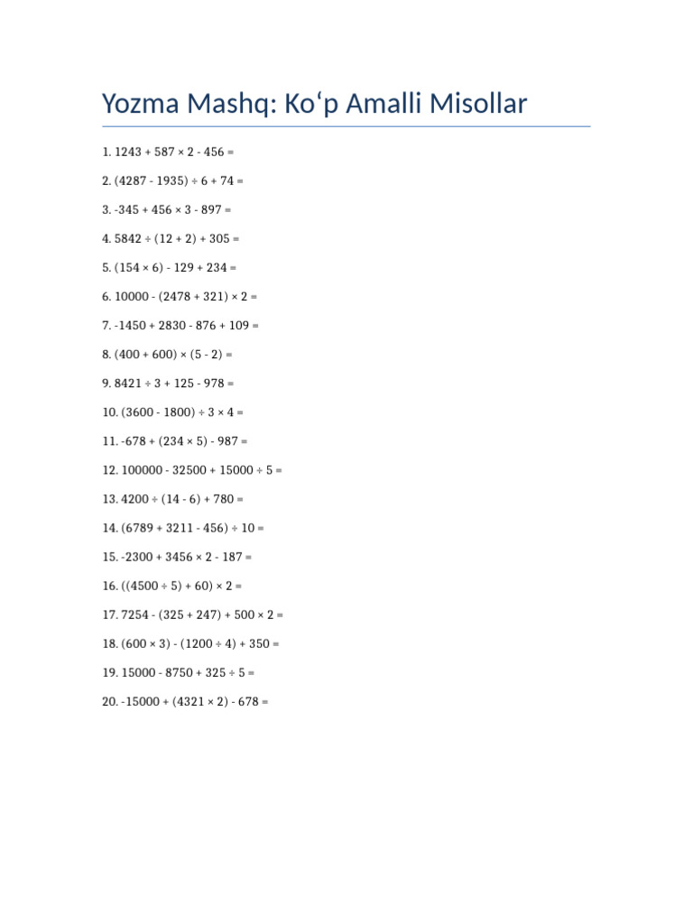Yozma Mashq Misollar | PDF