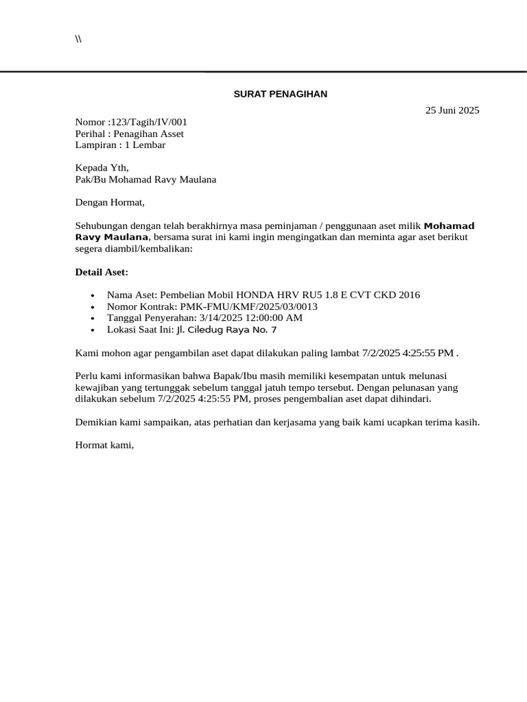 Surat Tagih Repossessed | PDF