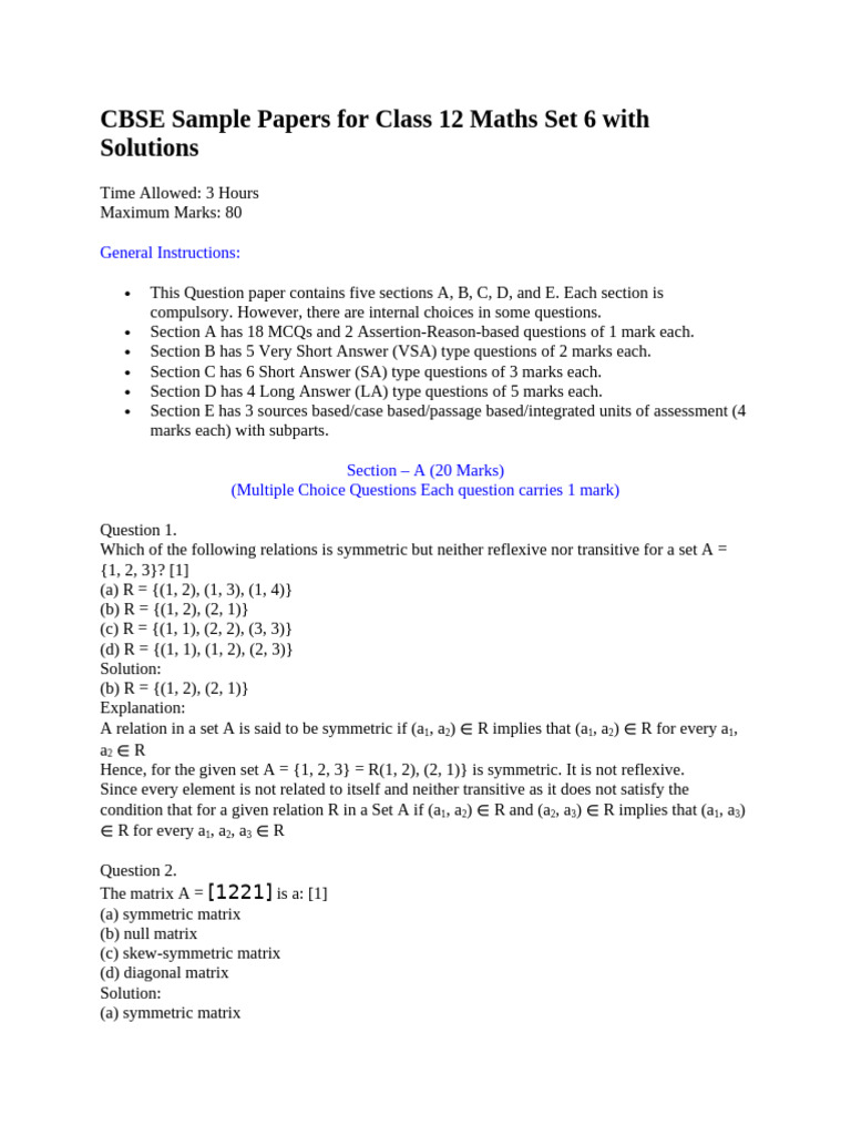 CBSE Sample Papers For Class 12 Maths Set 6 With Solutions | PDF | Matrix (Mathematics) | Matrix ...