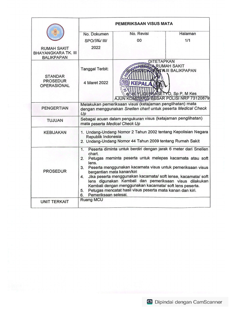 Sop Pemeriksaan Visus Mata | PDF