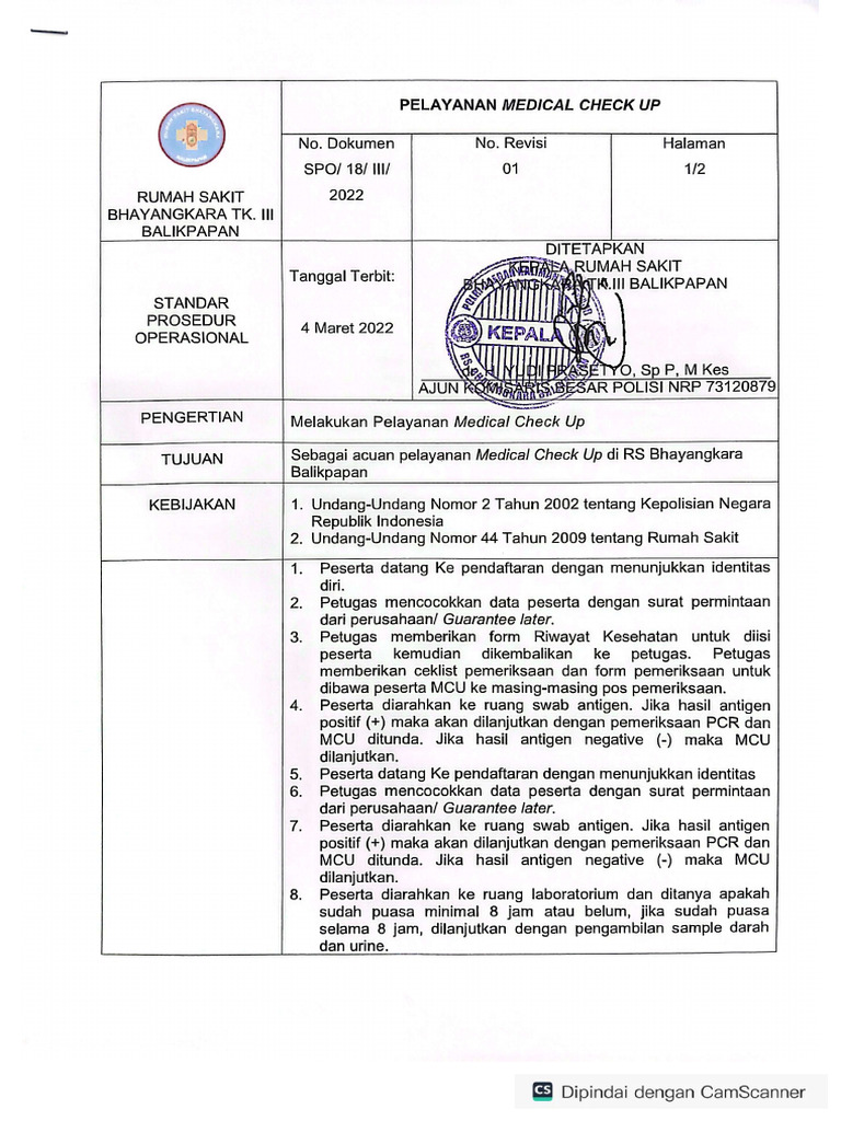 Sop Pelayanan Medical Check Up | PDF