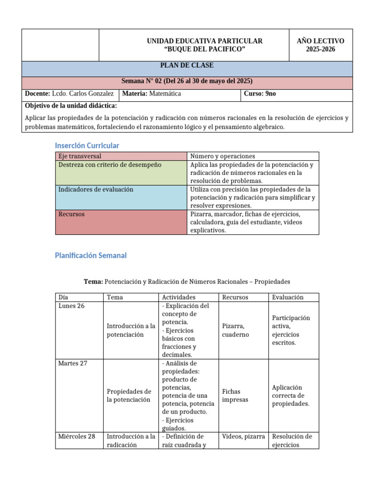 Plan de Clases 2da Semanal 9no | PDF | Exponenciación | Número racional