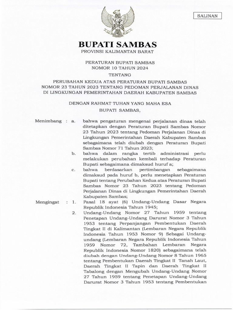 Perbup No 10/2024: Perubahan Perjalanan Dinas | PDF