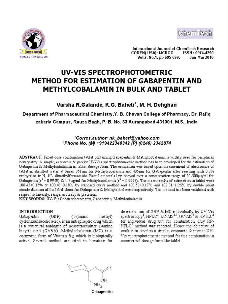 Uv-Vis Spectrophotometric Method For Estimation of Gabapentin and Methylcobalamin in Bulk and ...