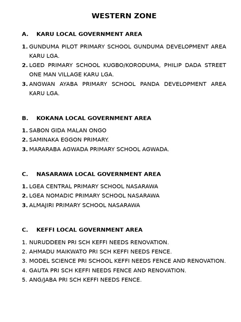 Primary Schools in Western Zone Areas | PDF