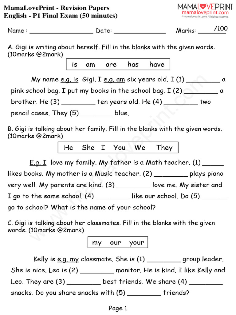 Mamaloveprint Eng Exam 1 Paper | PDF