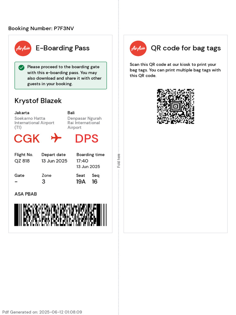 E-Boarding Pass QR Code For Bag Tags: Booking Number: P7F3NV | PDF