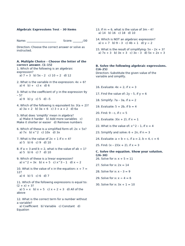 Algebraic Expressions Test | PDF | Equations | Algebra