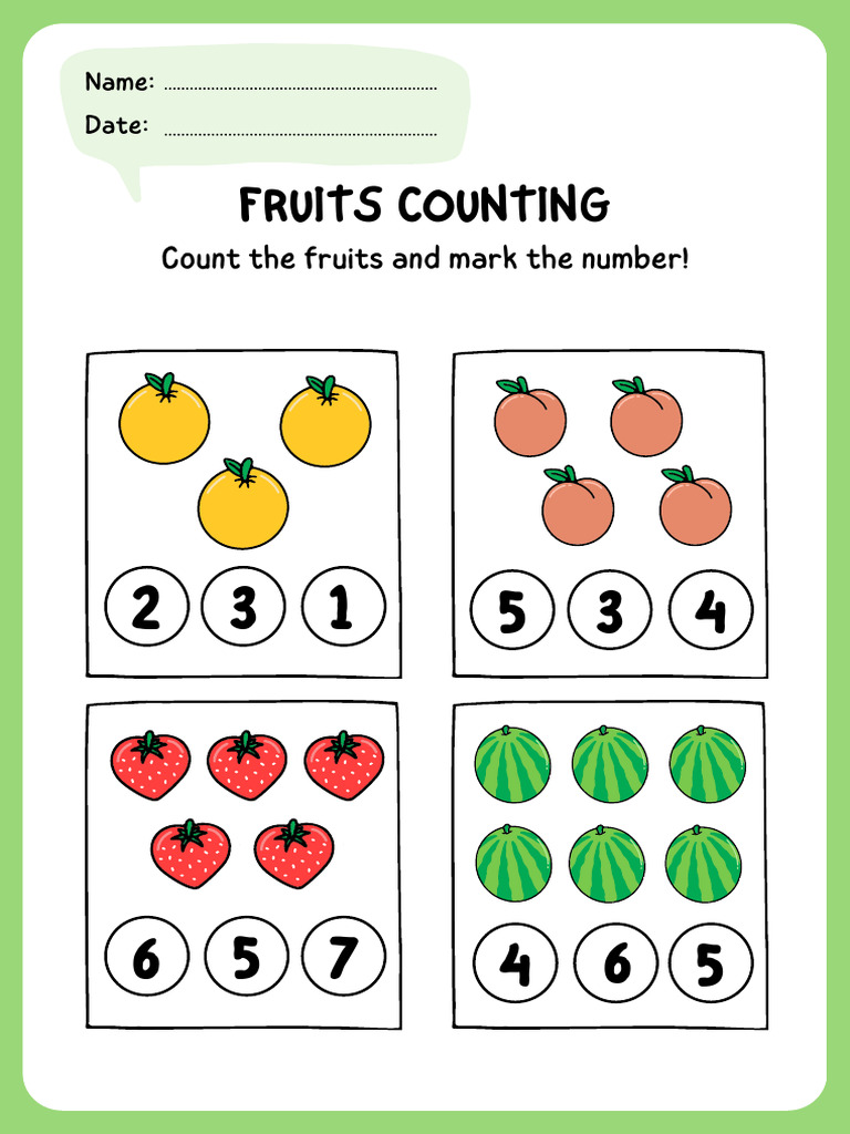 Counting Fruits Worksheet in Colorful Illustrative Style | PDF