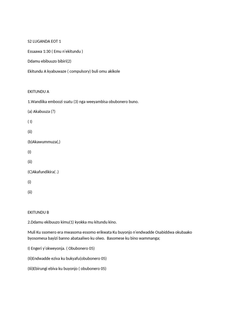 Luganda EOT 1: Writing Exercises | PDF