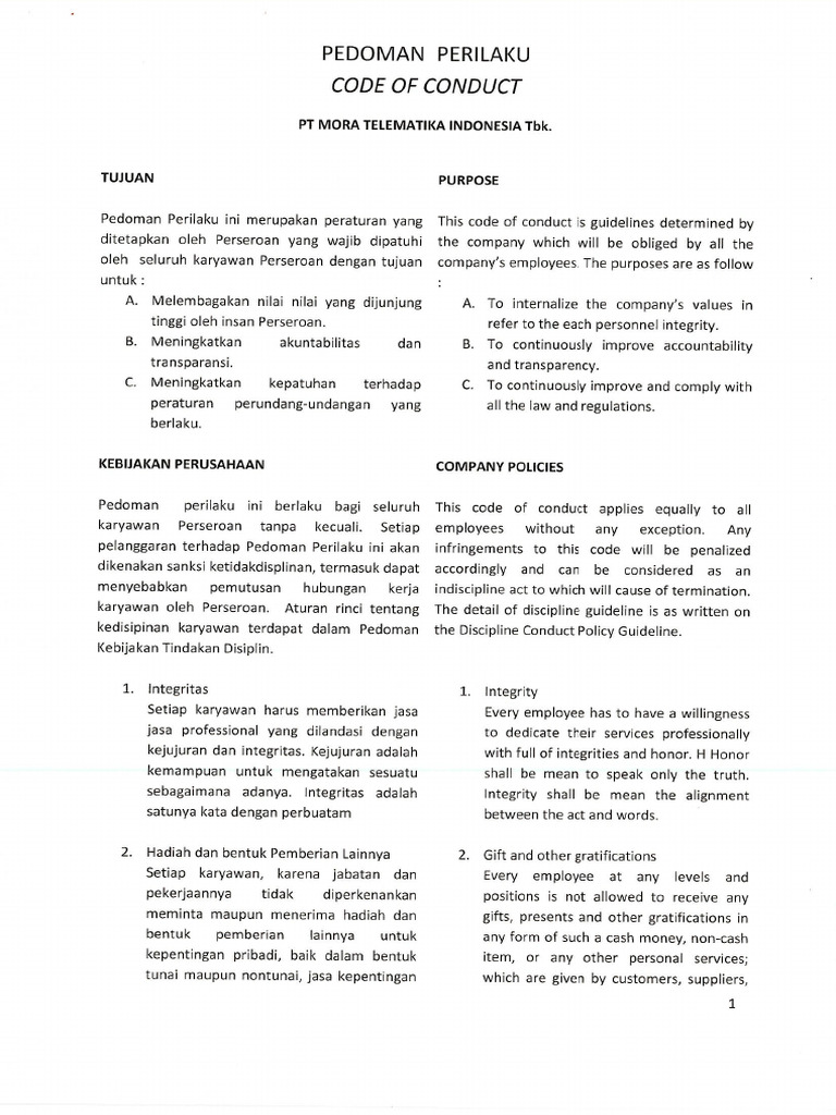 Code of Conduct PT Mora Telekomunikasi Indonesia | PDF