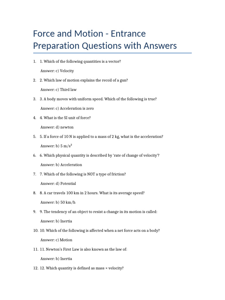 Force and Motion Questions Answers | PDF