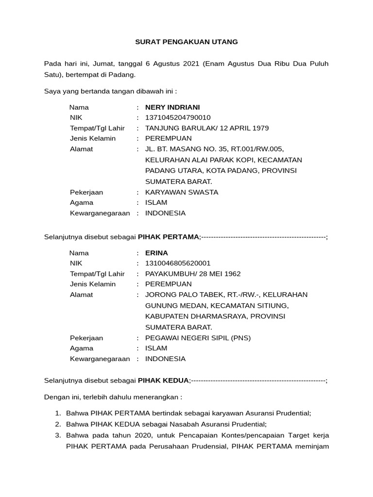 Surat Pengakuan Hutang Nery | PDF