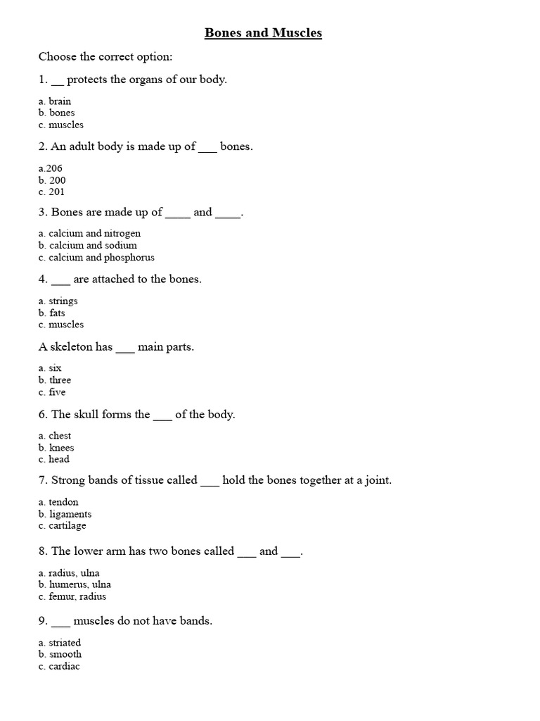 Bones and Muscles Quiz for Students | PDF | Muscle | Skeleton