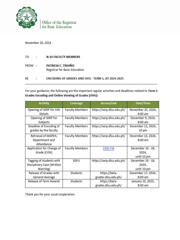 C12 - Encoding of Grades Term 1 - N-10 Faculty, AY 2024-2025 | PDF