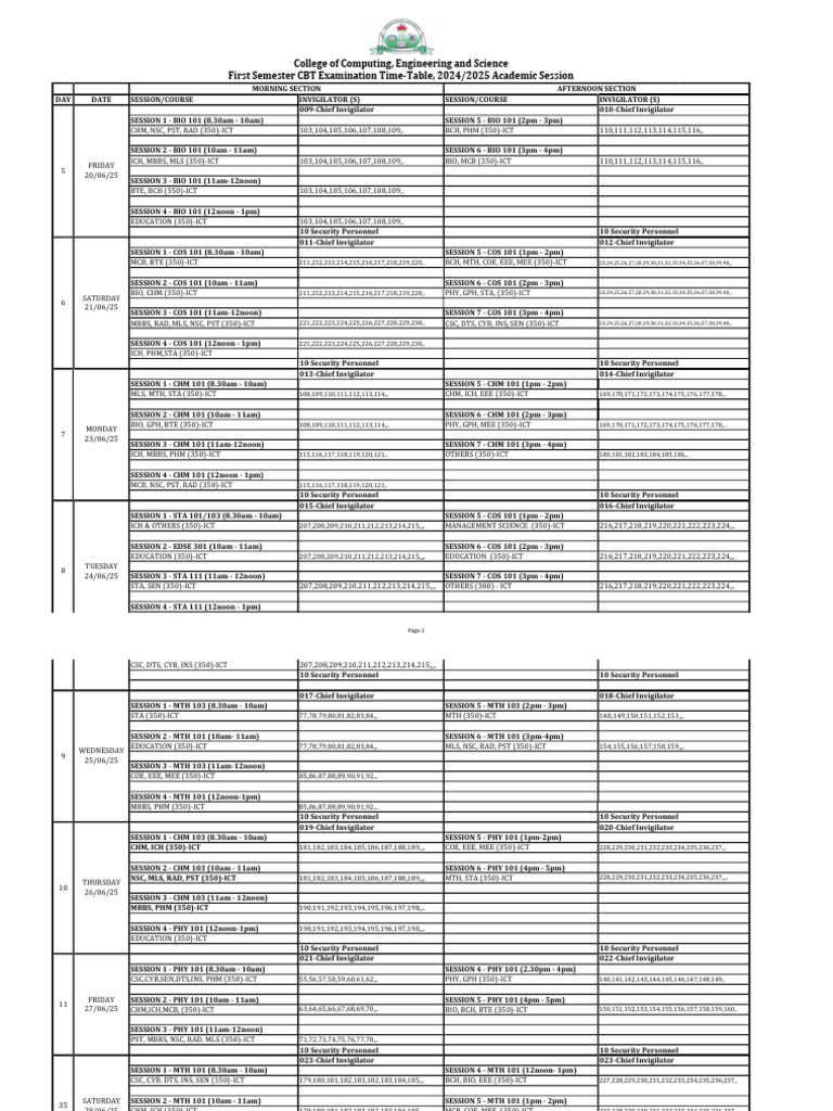1st Semester Exams CBT Timetable 24-25-122405 | PDF