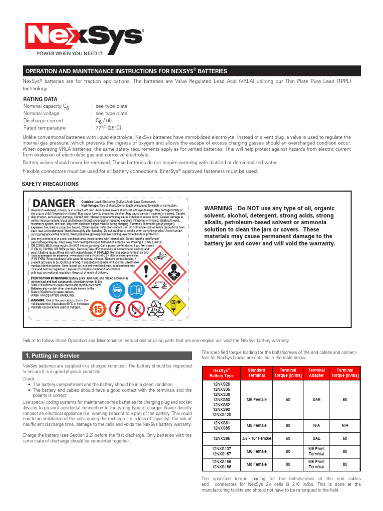 EnerSys - NexSys Operating & Maintenance Instructions | PDF | Battery Charger | Rechargeable Battery