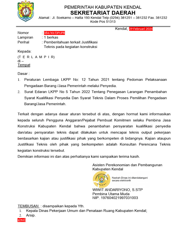 Surat Pemberitahuan Justifikasi - Dpupr | PDF