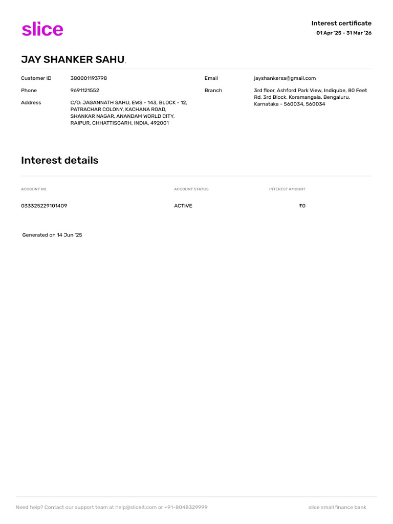 Slice Bank Savings Interest Certificate FY 25 26 | PDF