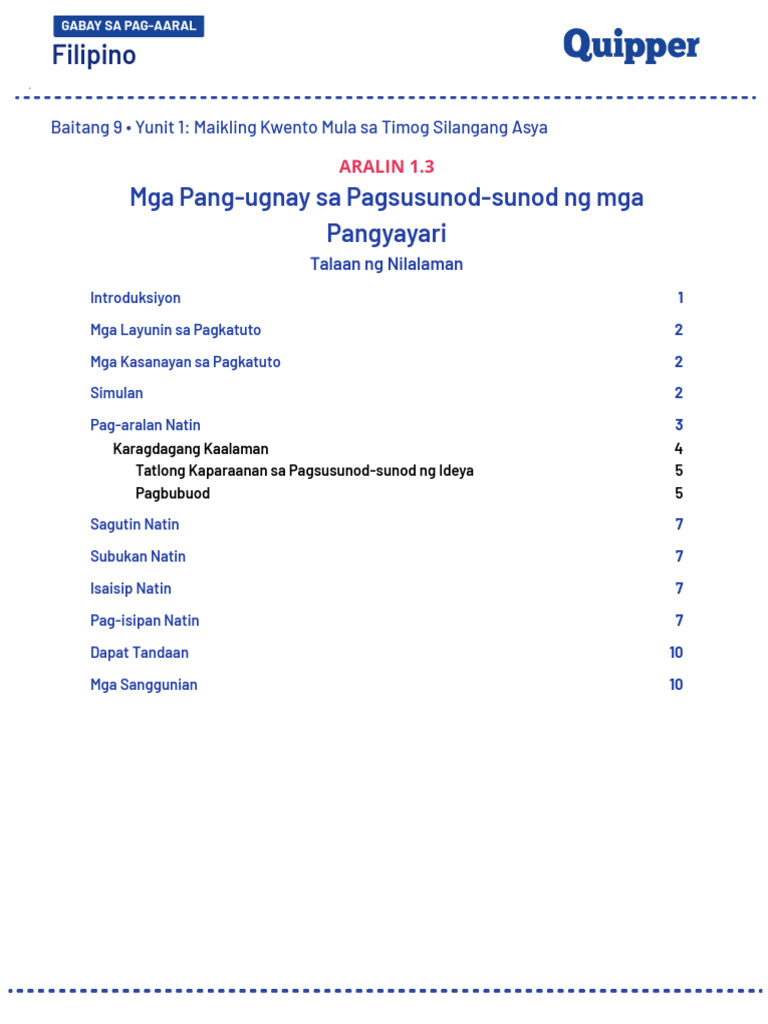 ME Fil9 Q1 0103 - SG - Mga Pang-Ugnay Sa Pagsusunod-Sunod NG Mga Pangyayari | PDF