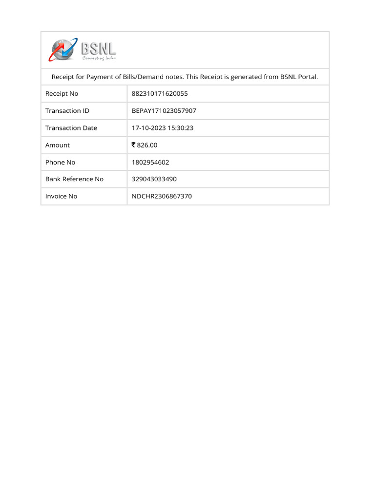 Receipt Details - BSNL Portal | PDF