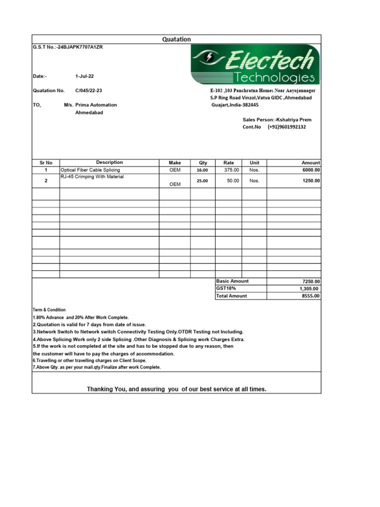 45.prima Automation OFC Splicing BOQ | PDF