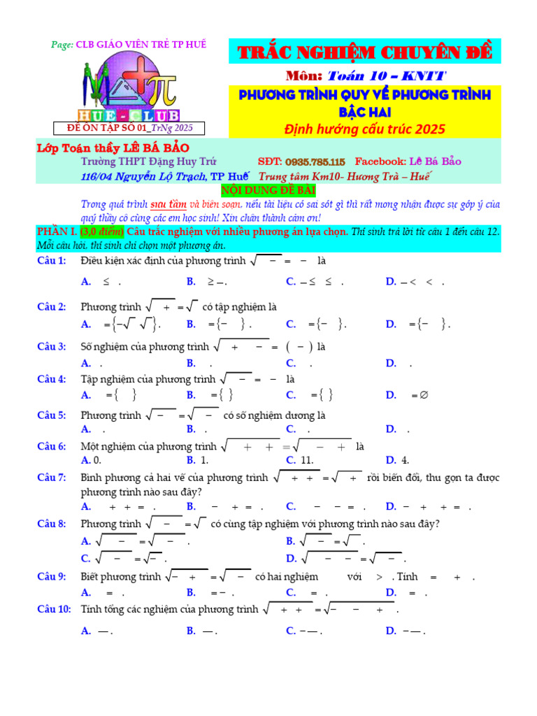 De 01 Phuong Trinh Quy Ve Phuong Trinh Bac Hai Form 2025+ | PDF