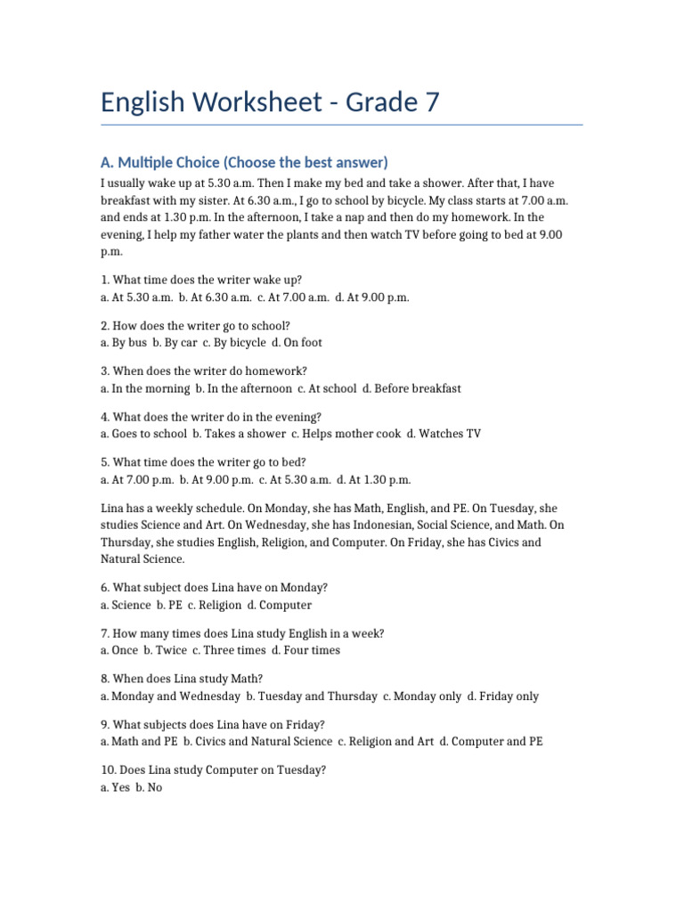 Grade 7 Daily Routine Worksheet | PDF