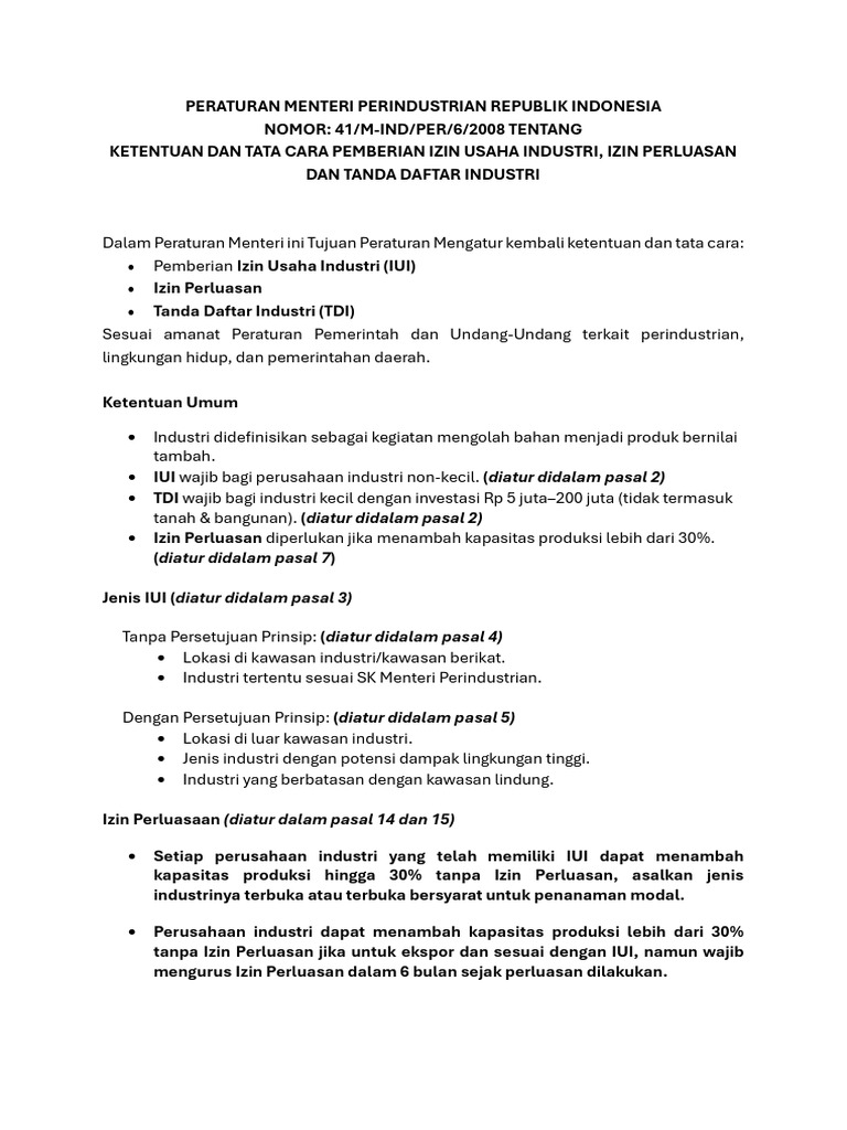 Resume Peraturan Menteri Perindustrian No 41-2008 Dan PP 5 - 2021 | PDF