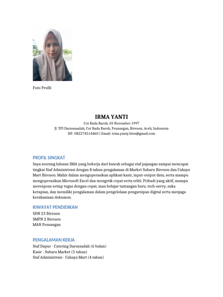 CV Irma Yanti Dengan Foto | PDF