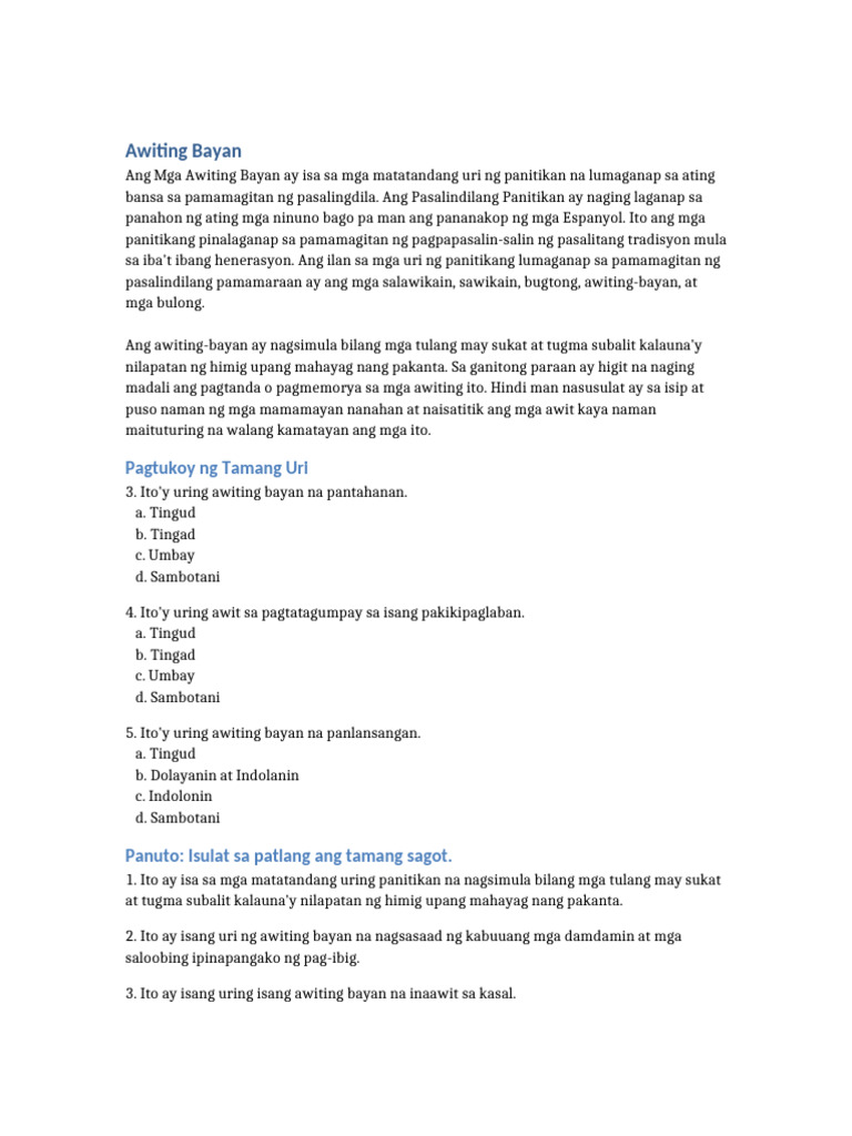 Awiting Bayan Lesson and Exercises | PDF