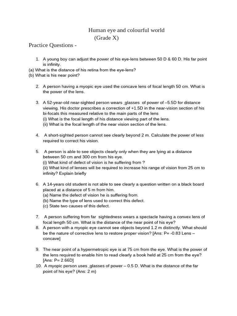 Human Eye and Colourful World Numericlas | PDF