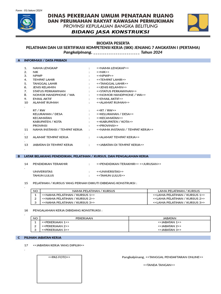 Form Pendaftaran Biodata Skk Jenjang 7 - 2024 | PDF
